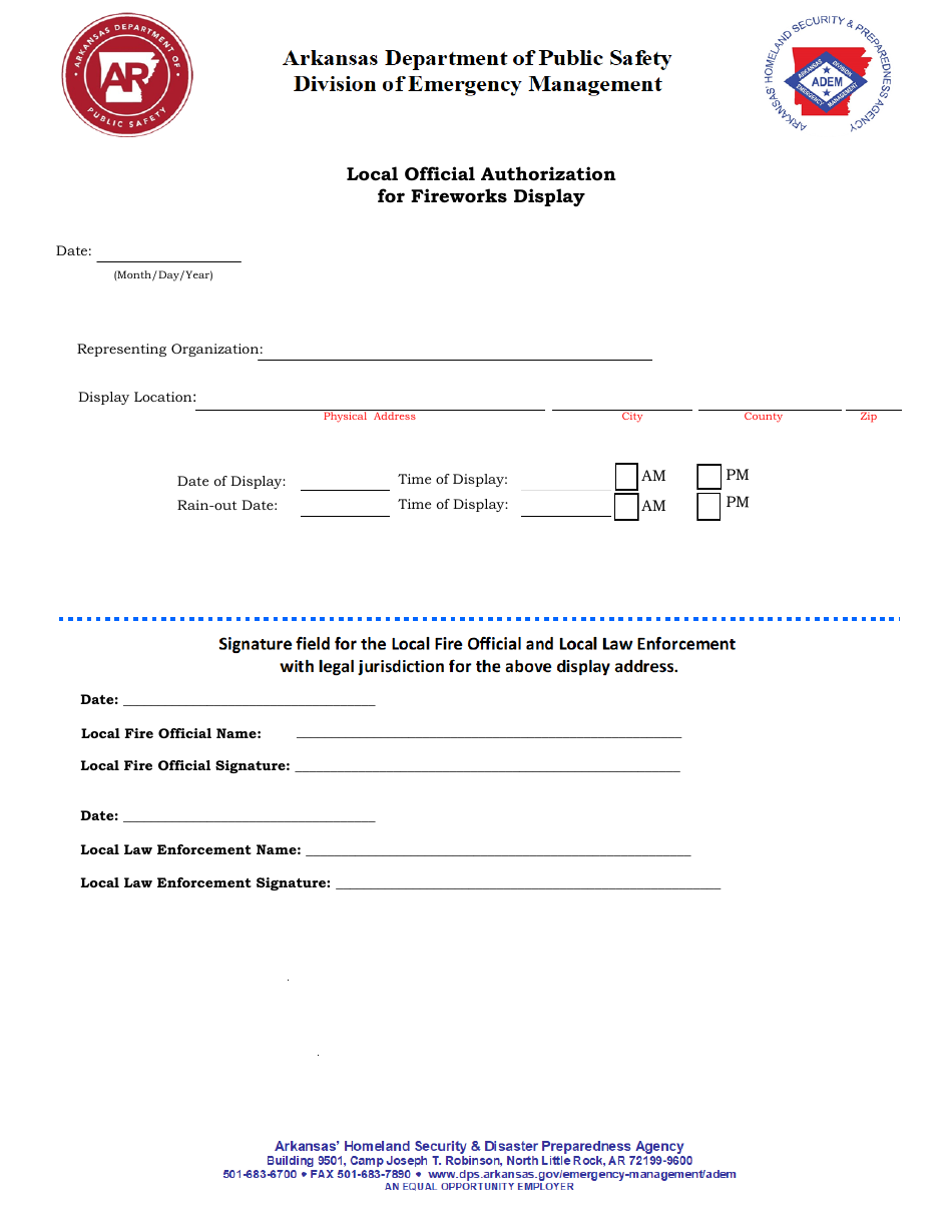 Arkansas Local Official Authorization for Fireworks Display - Fill Out ...