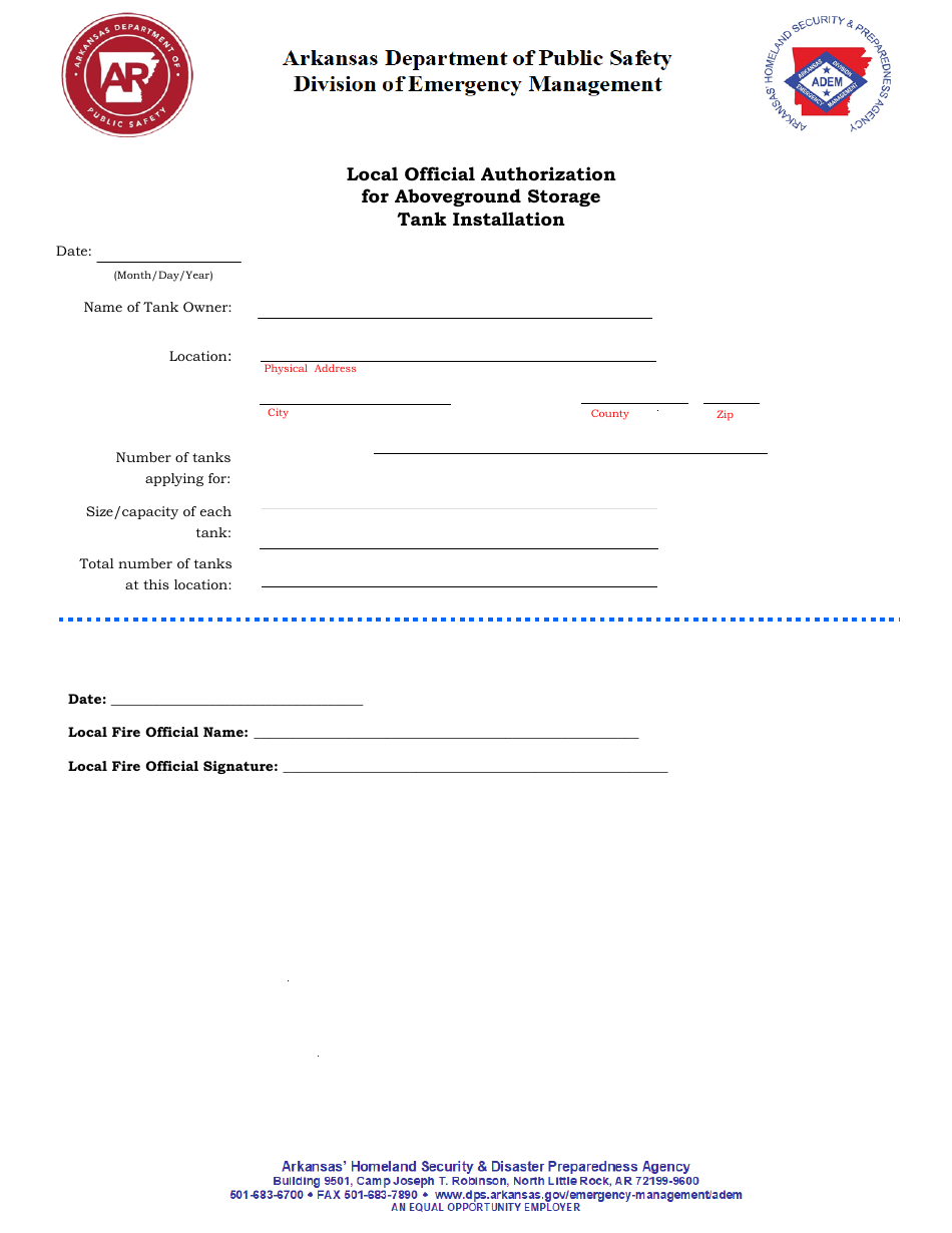 Arkansas Local Official Authorization for Aboveground Storage Tank Installation - Fill Out, Sign ...