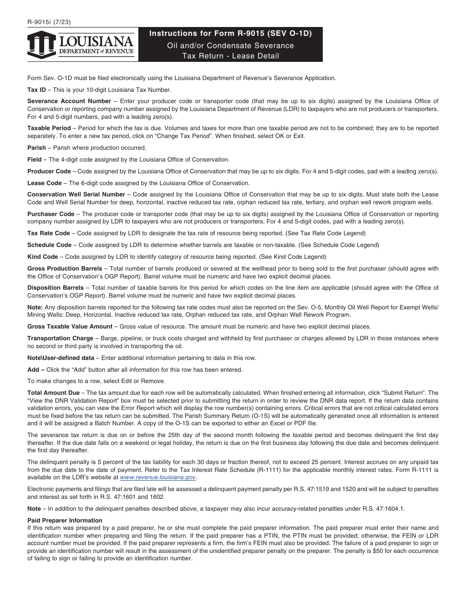 Download Instructions for Form R-9015, SEV O-1D Oil and/or Condensate ...