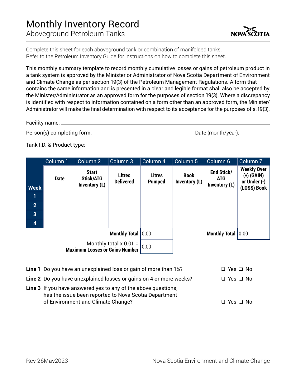 Nova Scotia Canada Monthly Inventory Record - Aboveground Petroleum ...