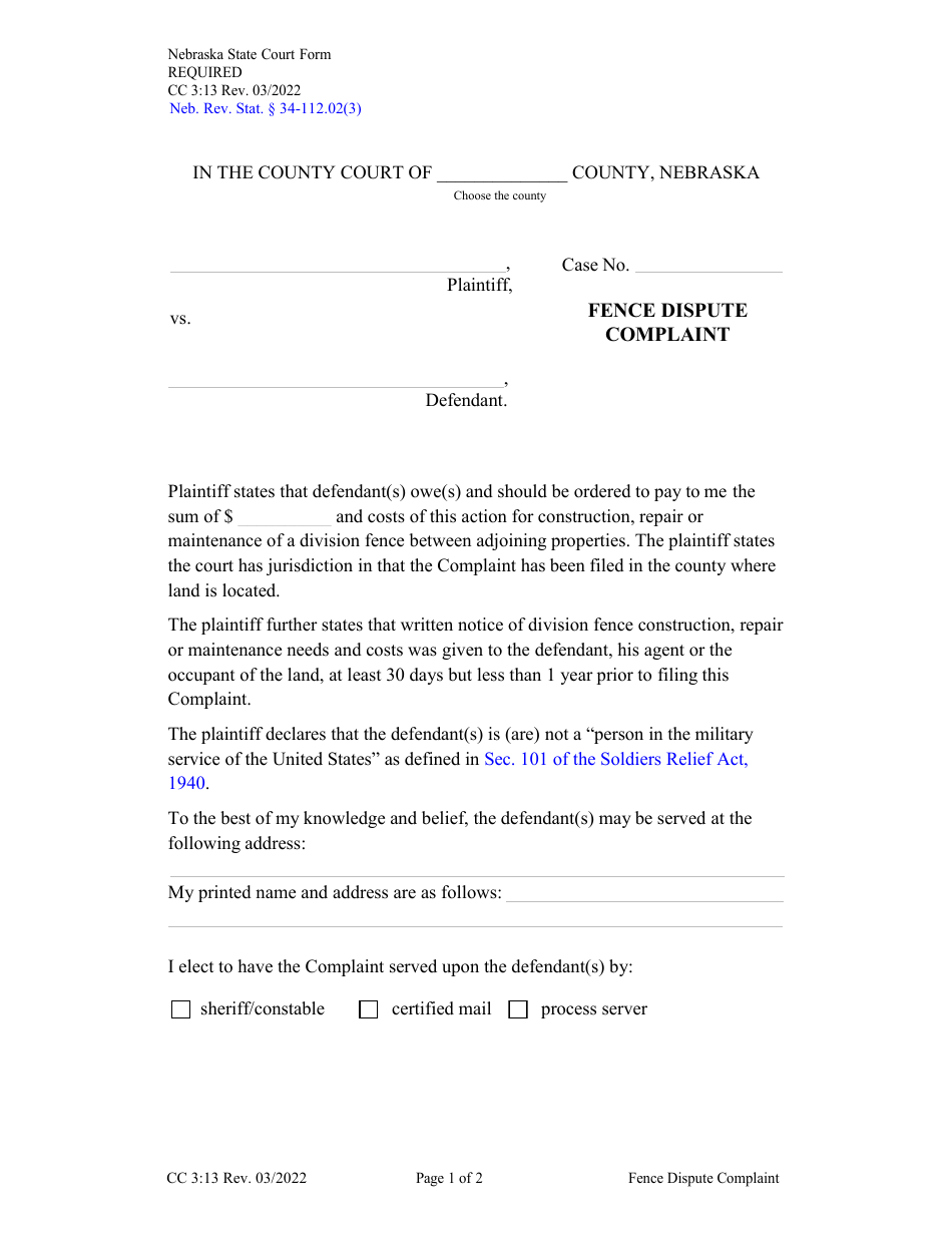 Form CC3:13 - Fill Out, Sign Online and Download Fillable PDF, Nebraska ...