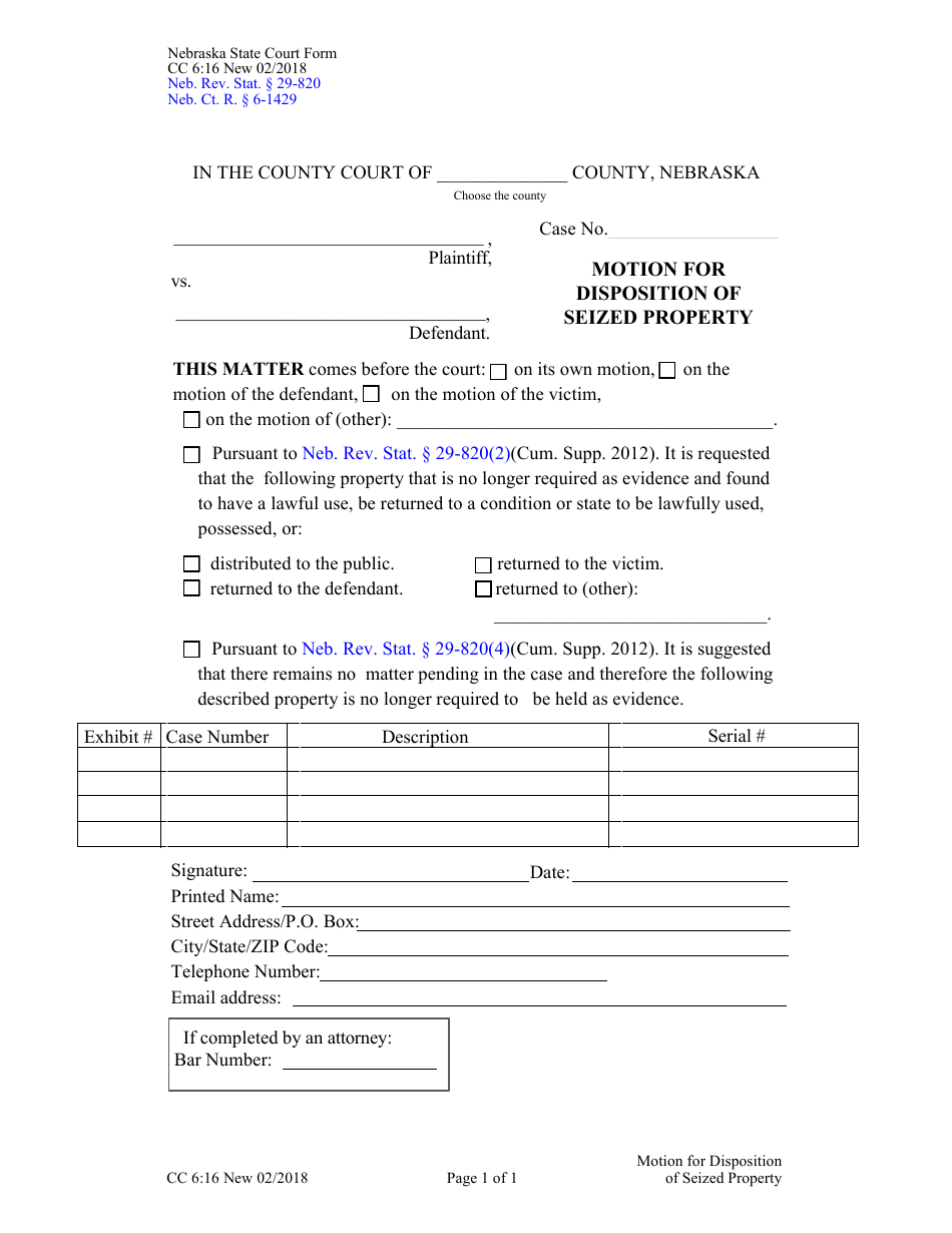 Form CC6:16 - Fill Out, Sign Online and Download Fillable PDF, Nebraska ...