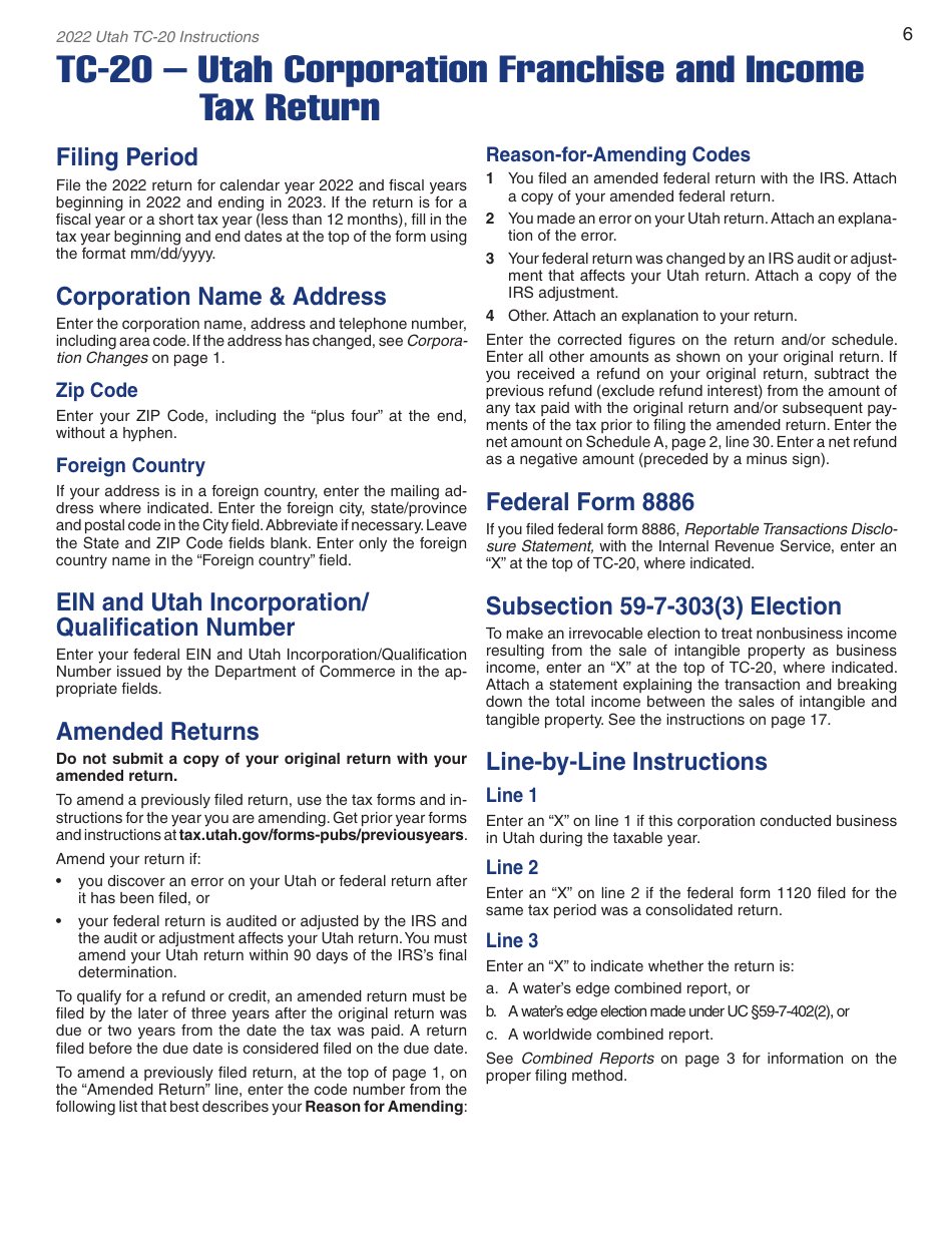 Download Instructions for Form TC-20 Utah Corporation Franchise and Income Tax Return PDF, 2022 ...