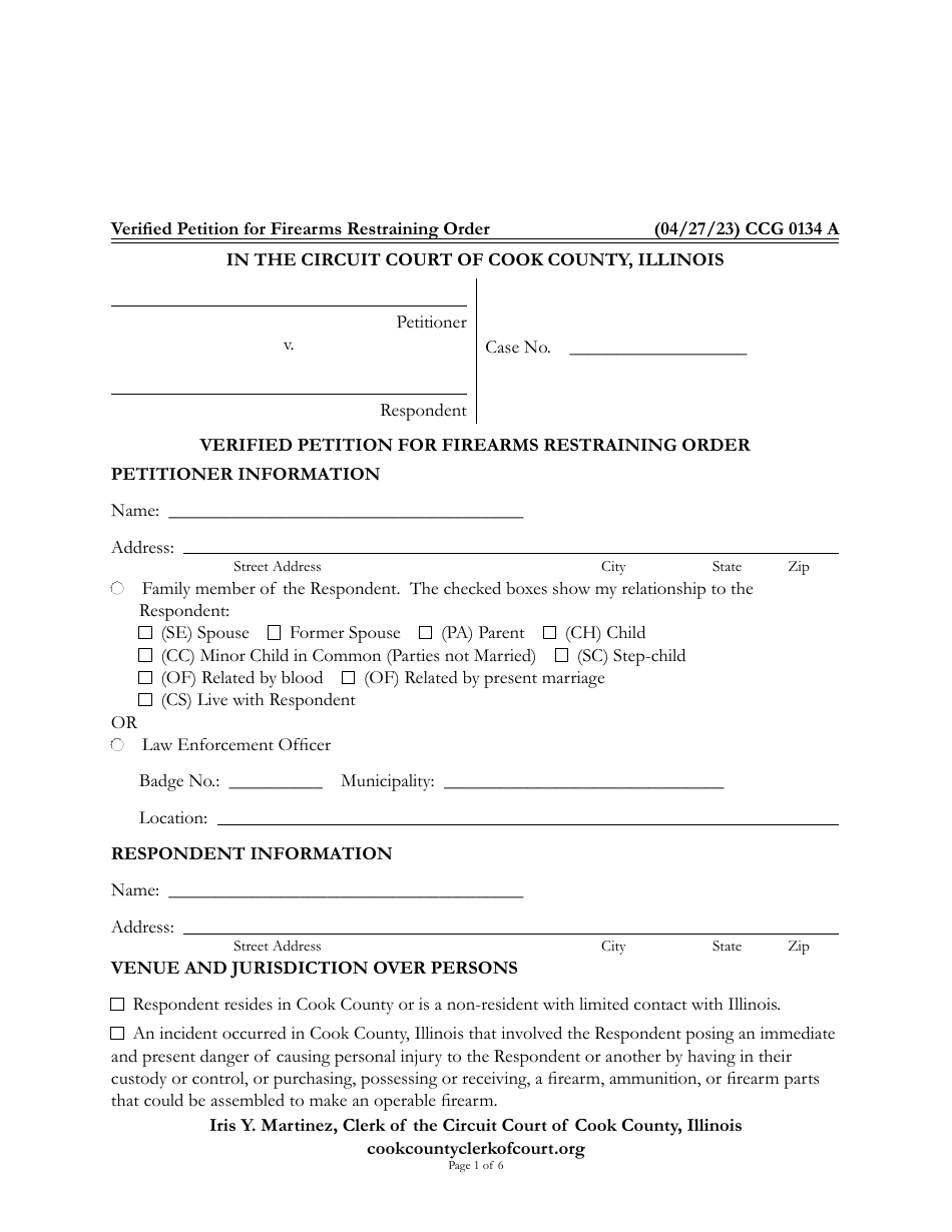 Form CCG0134 Download Fillable PDF or Fill Online Verified Petition for Firearms Restraining ...