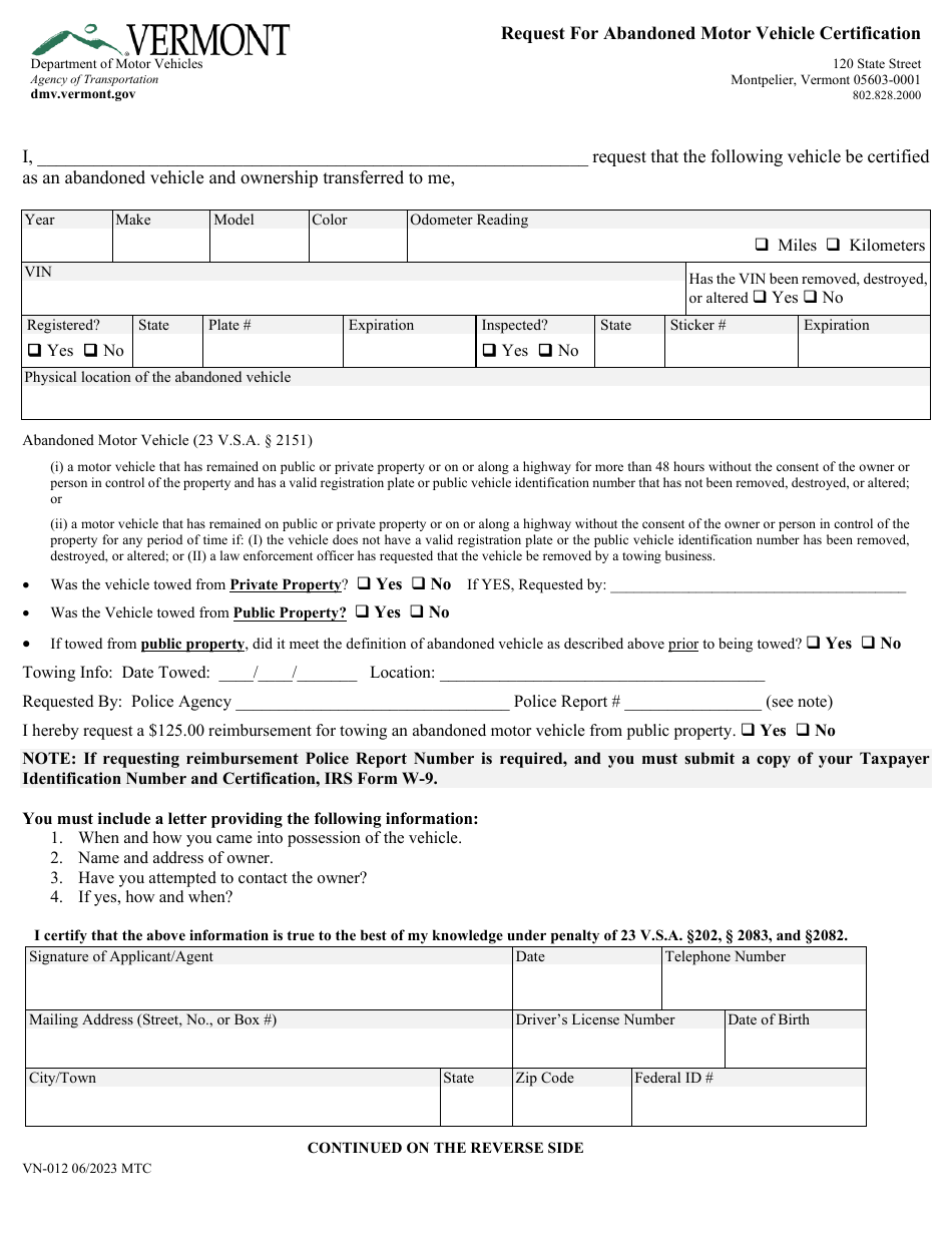 Form VN-012 Download Fillable PDF or Fill Online Request for Abandoned ...