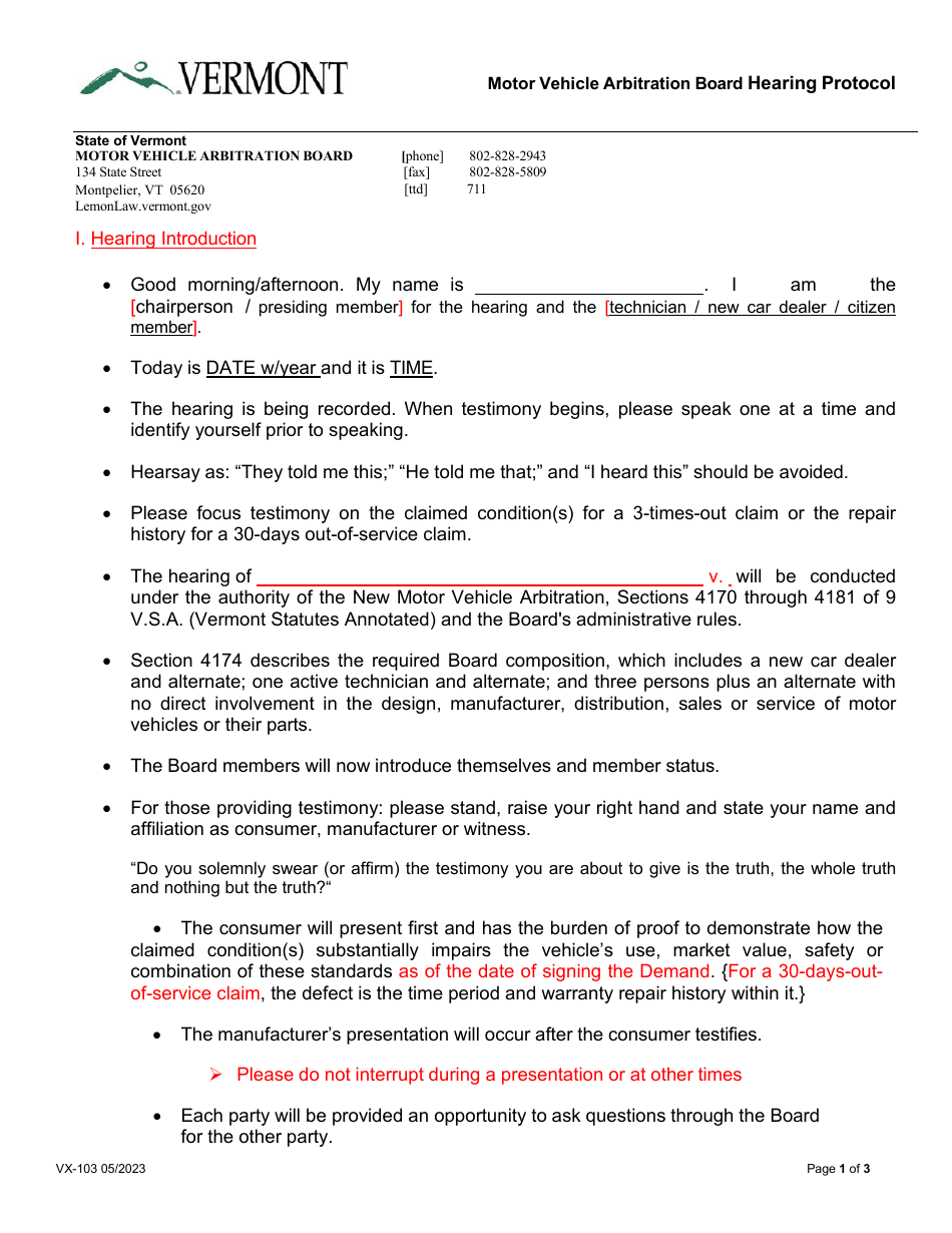 Form VX-103 - Fill Out, Sign Online and Download Printable PDF, Vermont ...