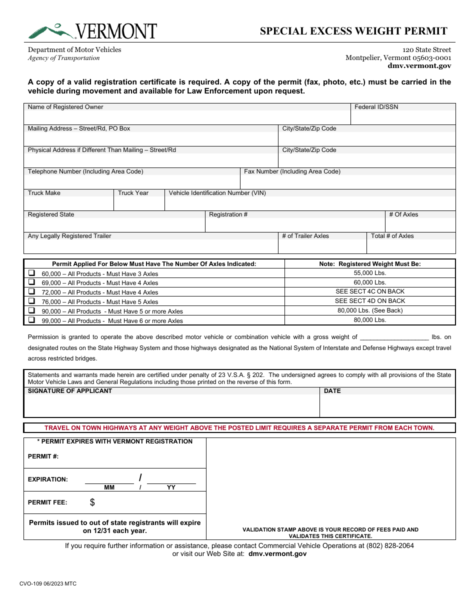 Form CVO-109 Download Fillable PDF or Fill Online Special Excess Weight ...
