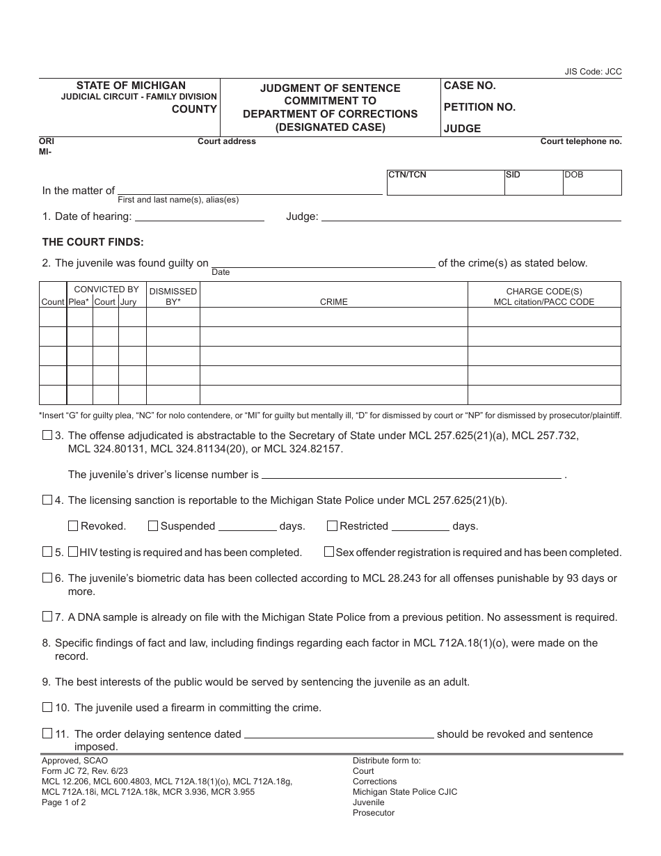Form JC72 - Fill Out, Sign Online and Download Fillable PDF, Michigan | Templateroller