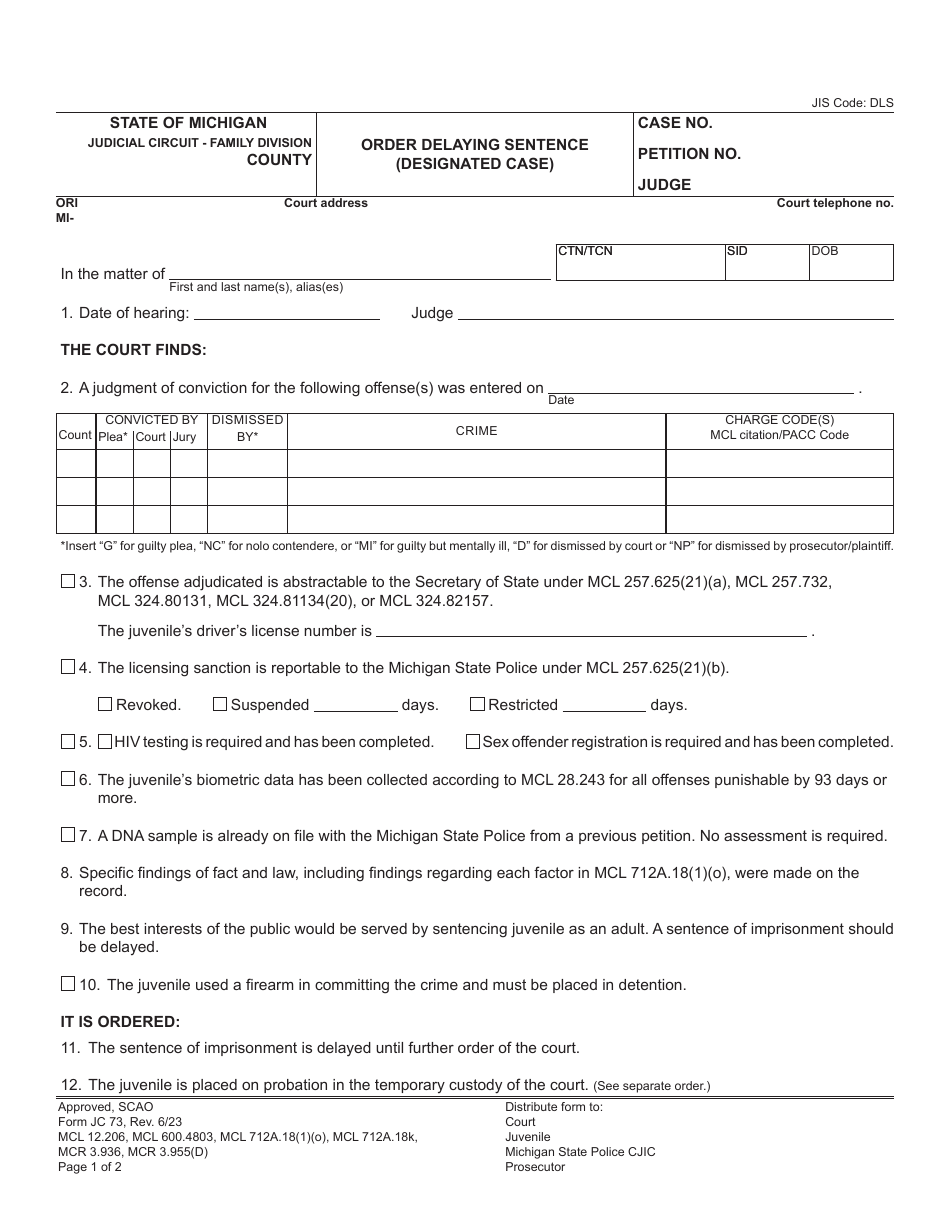 Form JC73 Download Fillable PDF or Fill Online Order Delaying Sentence ...