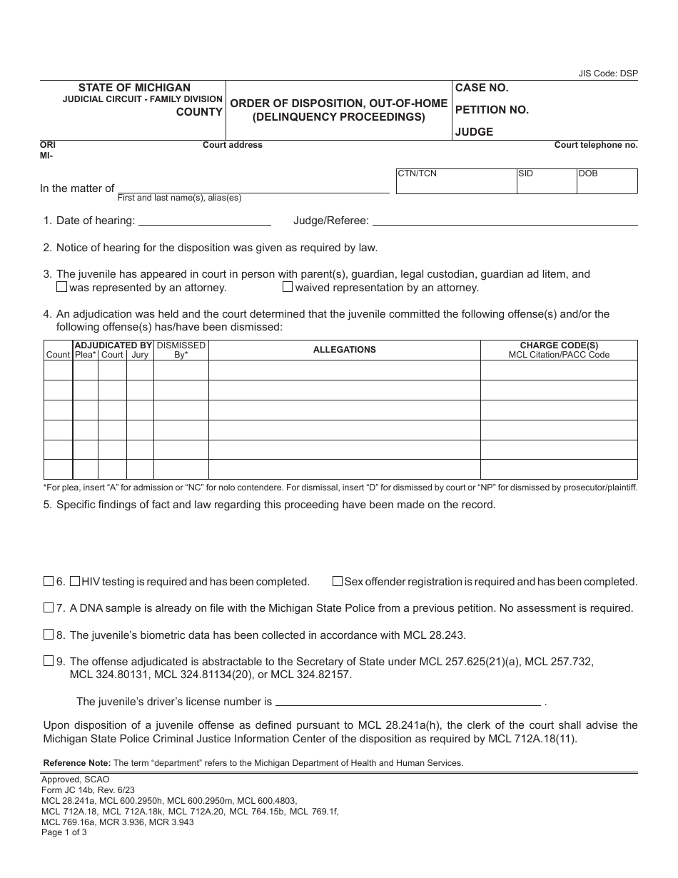 Form JC14B - Fill Out, Sign Online and Download Fillable PDF, Michigan | Templateroller