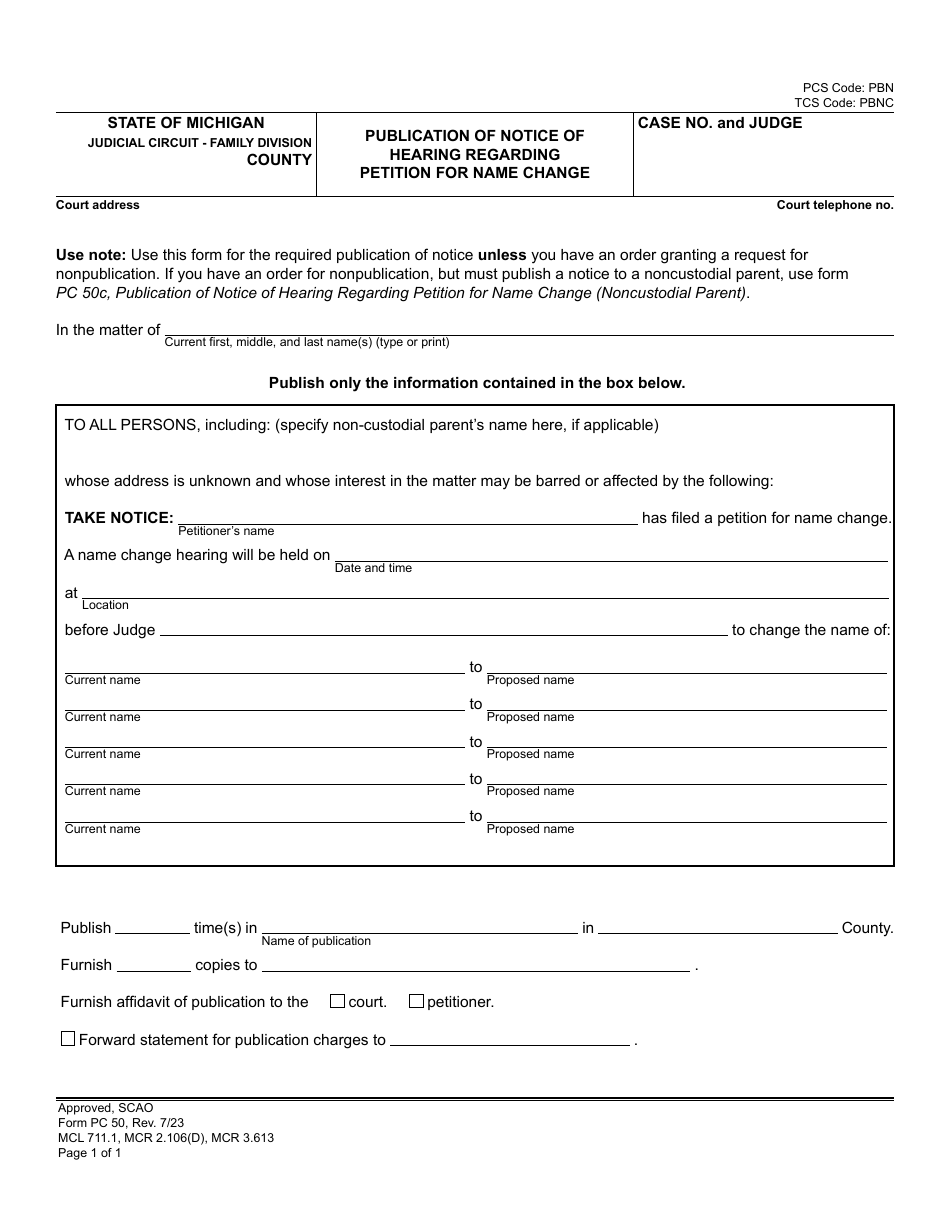 Form PC50 - Fill Out, Sign Online and Download Fillable PDF, Michigan ...