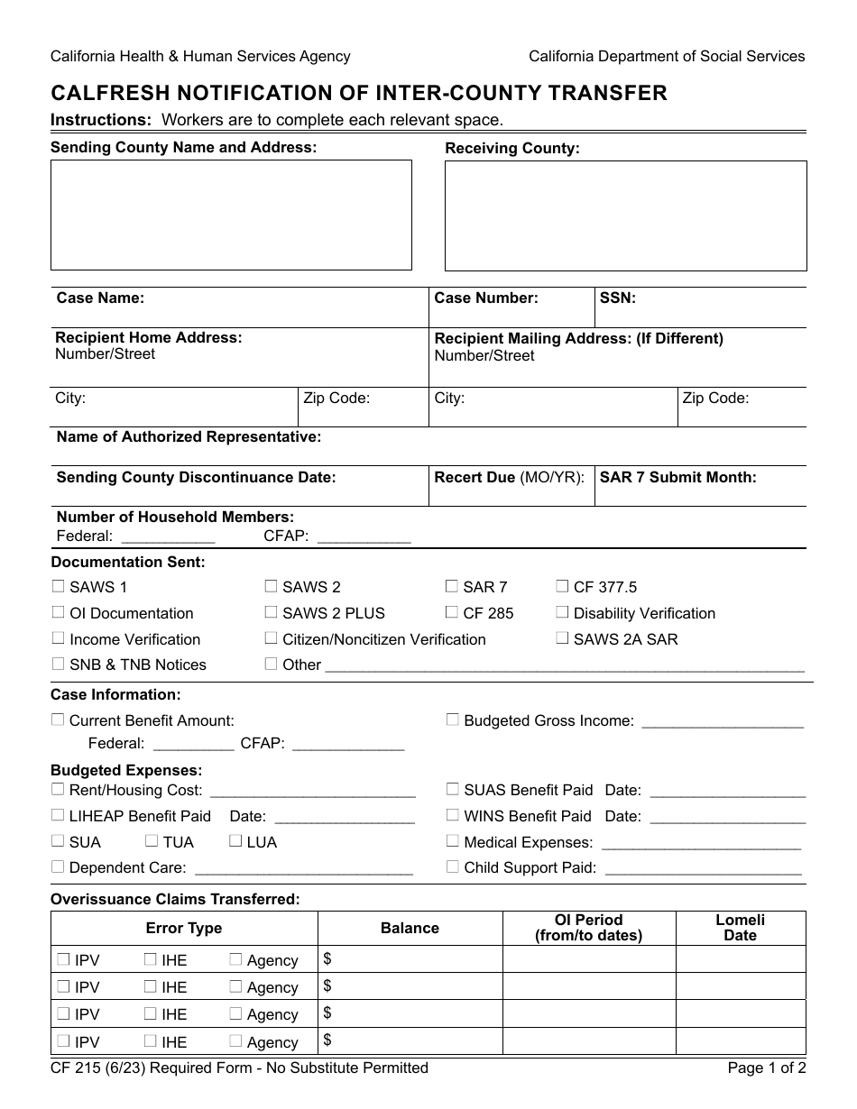 Form CF215 Download Fillable PDF or Fill Online CalFresh Notification ...