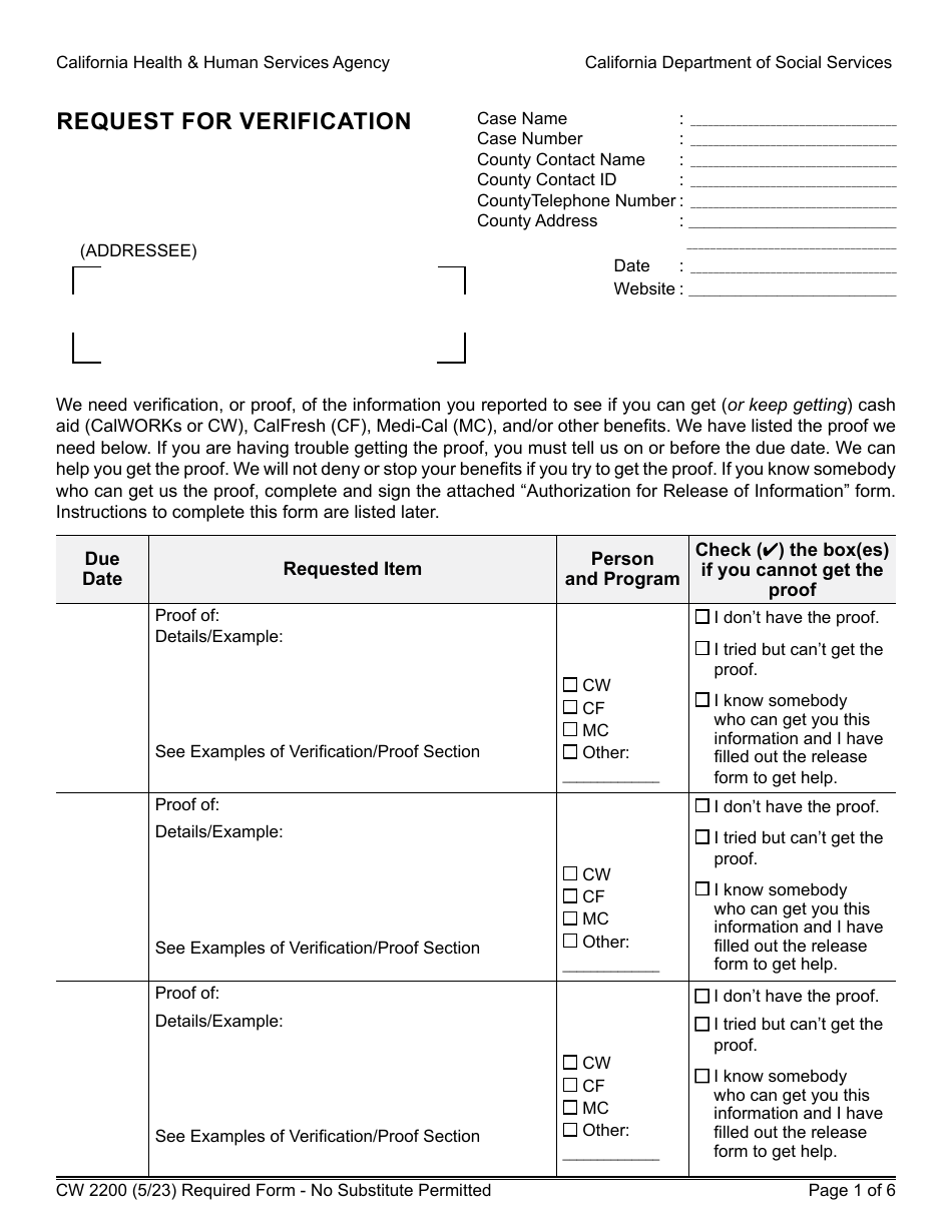 Form CW2200 Download Fillable PDF or Fill Online Request for ...