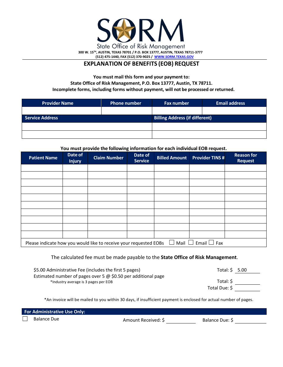 Texas Explanation of Benefits (Eob) Request - Fill Out, Sign Online and Download PDF ...