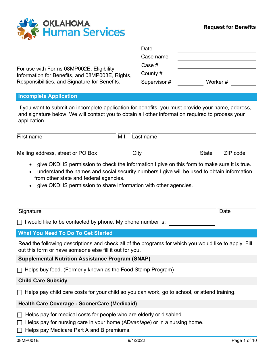 Form 08MP001E Download Fillable PDF or Fill Online Request for Benefits ...