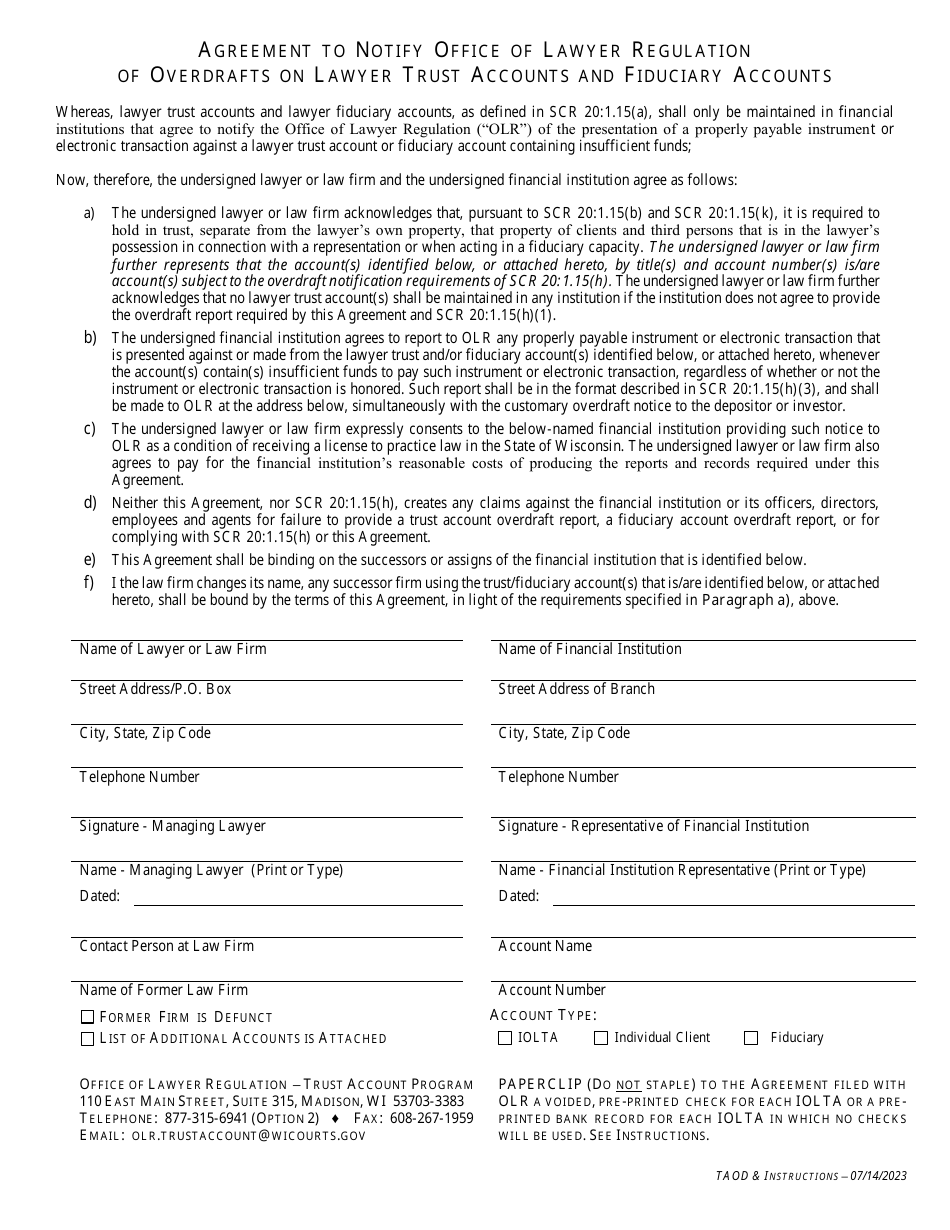 Wisconsin Agreement to Notify Office of Lawyer Regulation of Overdrafts ...