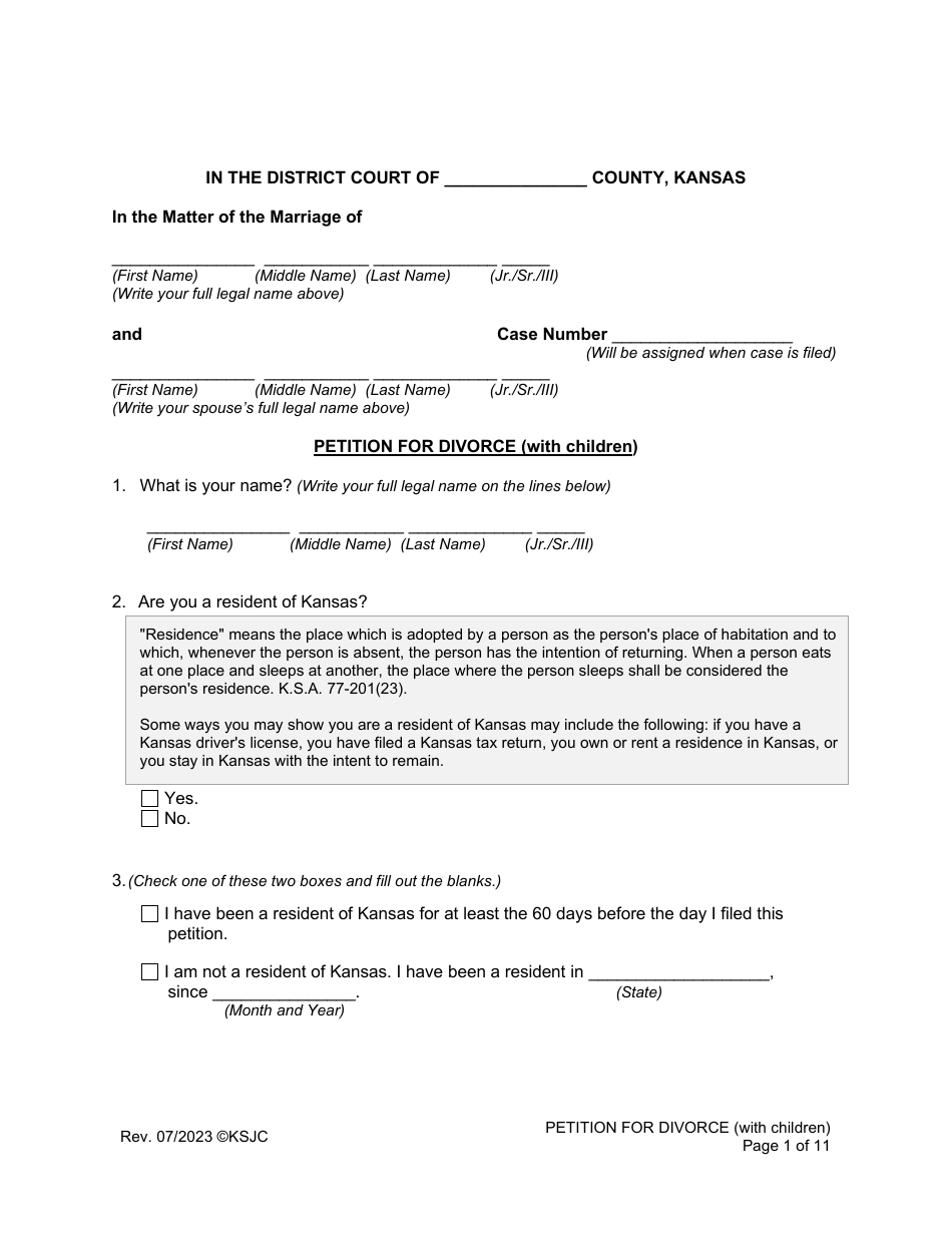 Kansas Petition for Divorce (With Children) - Fill Out, Sign Online and Download PDF ...