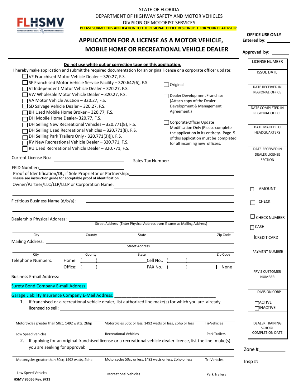 Form HSMV86056 Download Fillable PDF or Fill Online Application for a ...