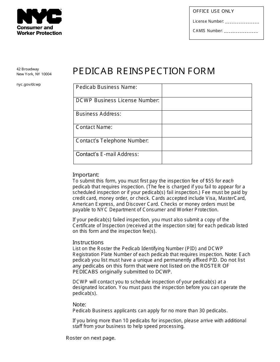 New York City Pedicab Reinspection Form Download Printable PDF ...