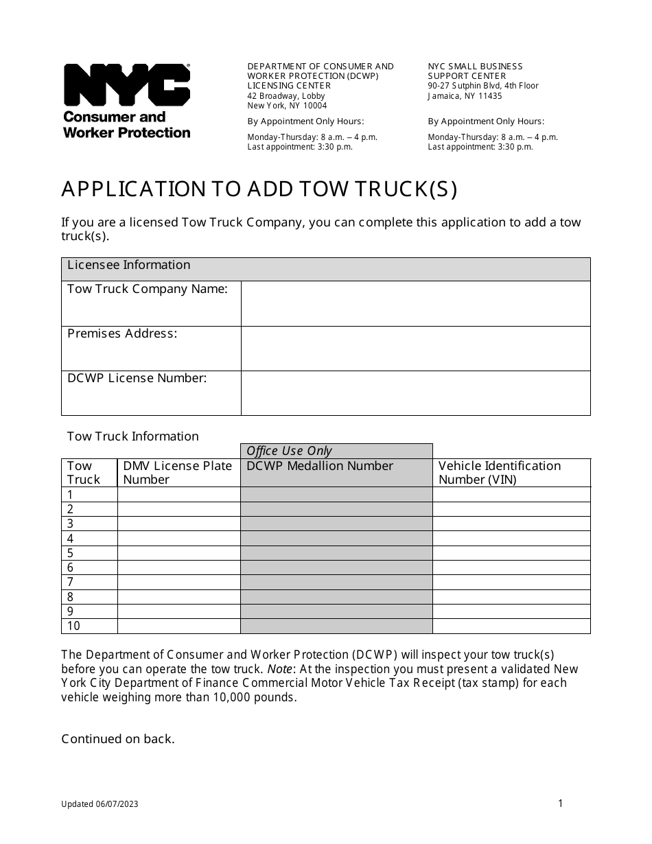 New York City Application to Add Tow Truck(S) Download Printable PDF ...