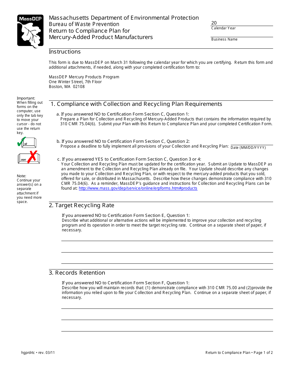 Massachusetts Return to Compliance Plan for Mercury-Added Product ...