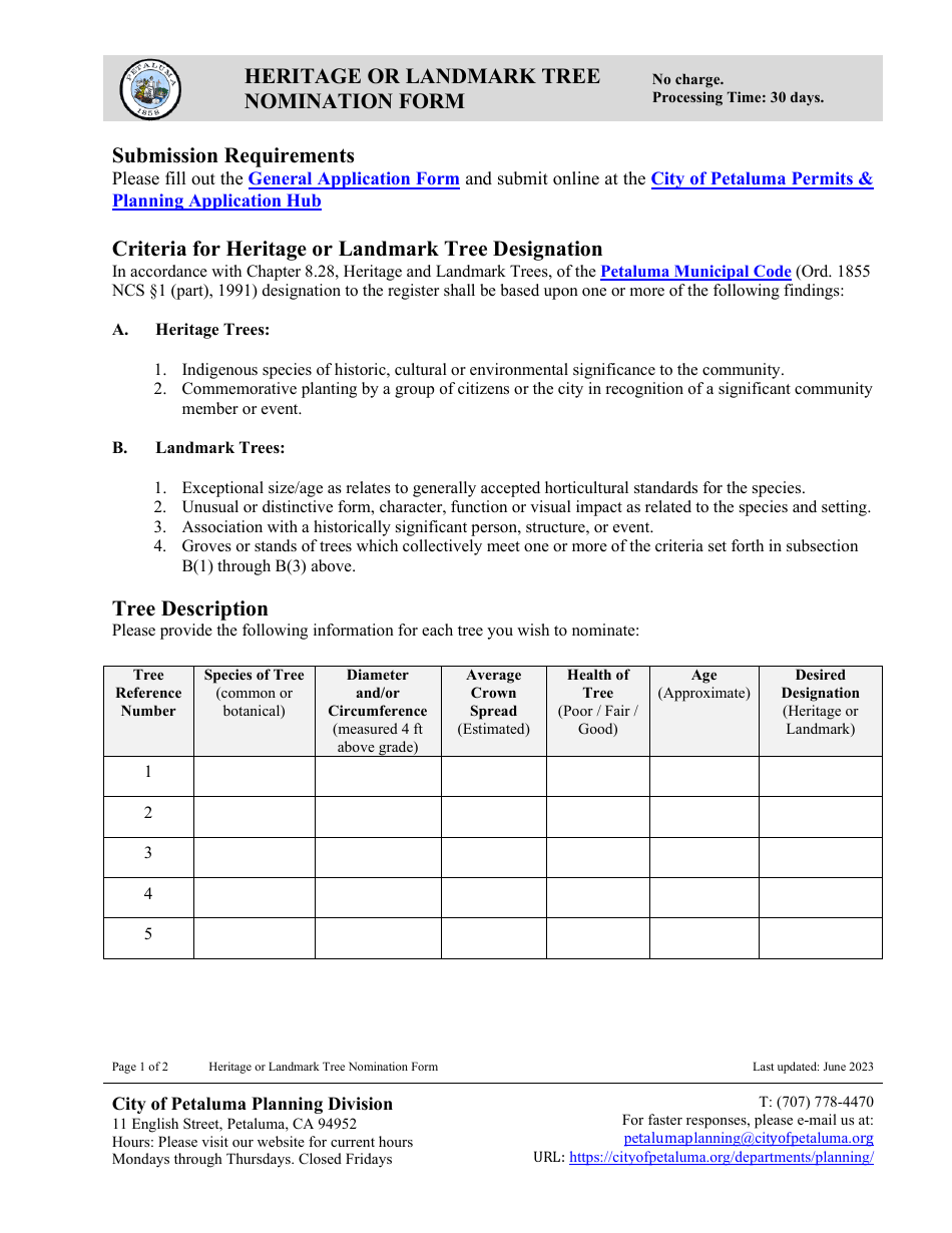 City of Petaluma, California Heritage or Landmark Tree Nomination Form ...