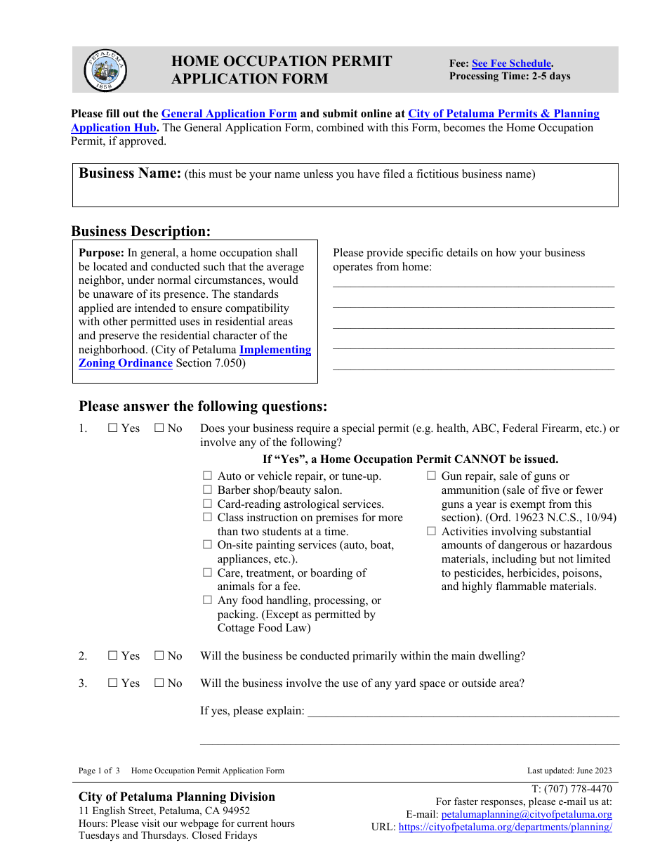 City of Petaluma, California Home Occupation Permit Application Form ...