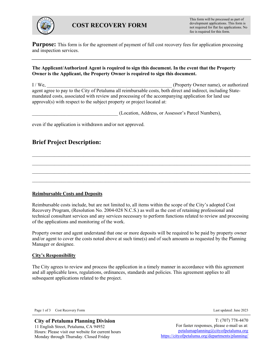 City of Petaluma, California Cost Recovery Form Download Fillable PDF ...