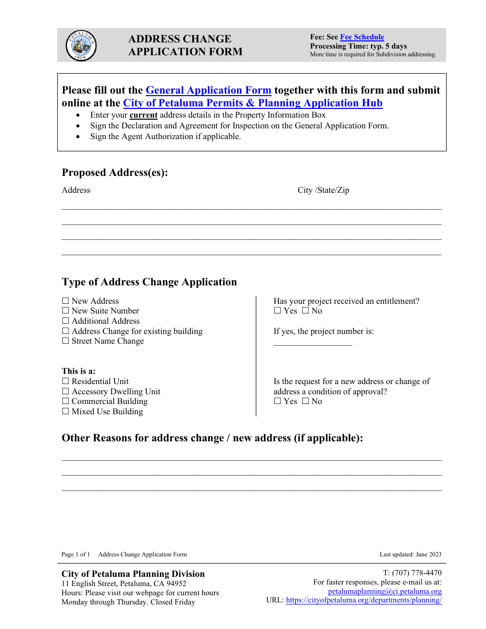 City of Petaluma, California Address Change Application Form Download ...