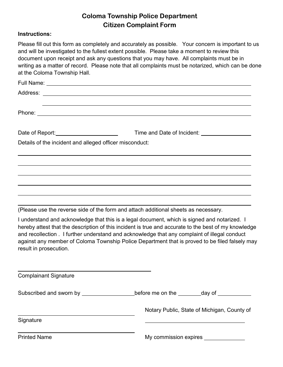 Coloma Township, Michigan Citizen Complaint Form - Fill Out, Sign ...
