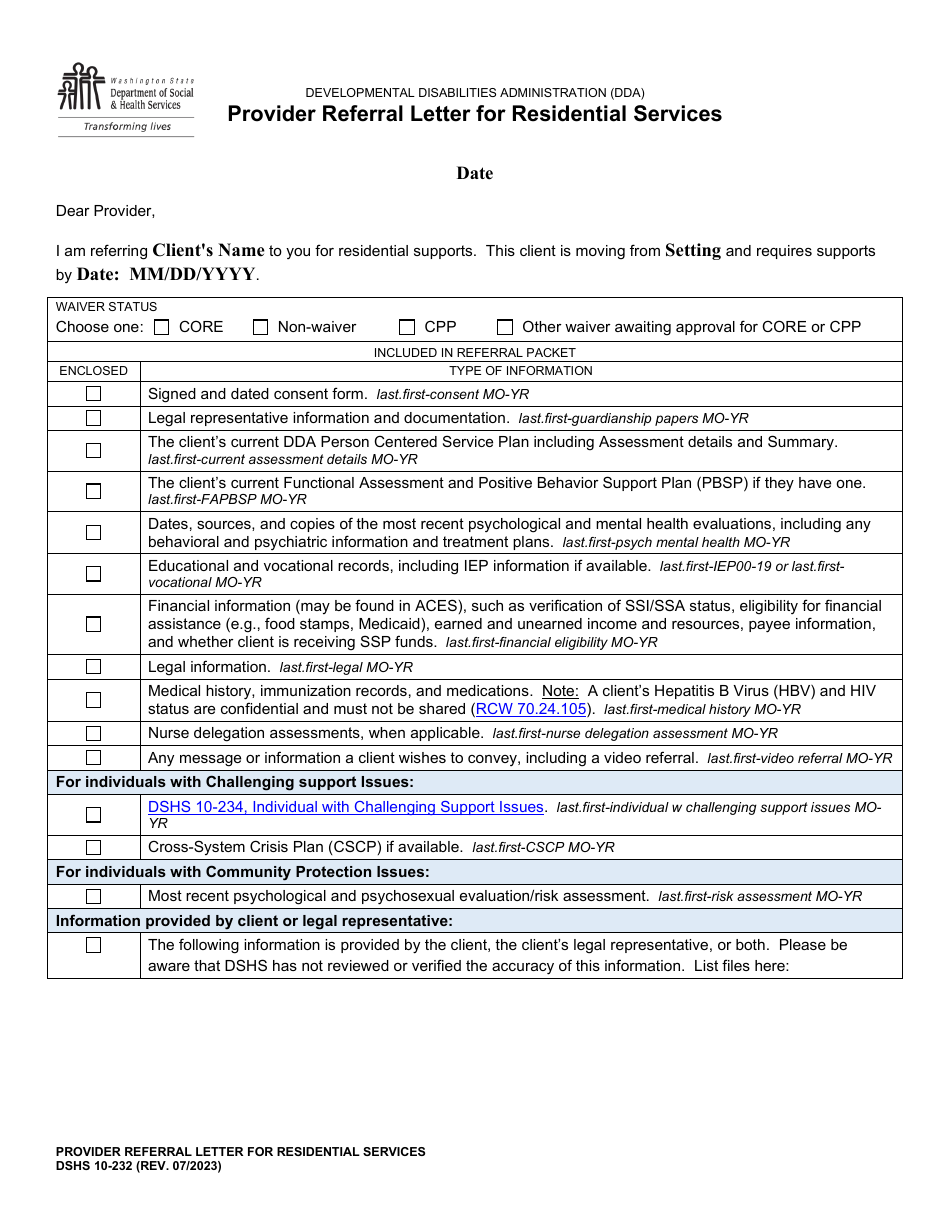 DSHS Form 10-232 Download Printable PDF or Fill Online Provider ...
