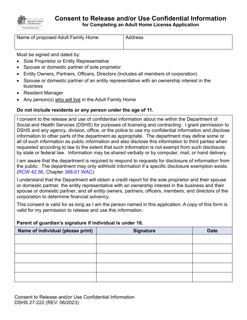 DSHS Form 27-222 - Fill Out, Sign Online and Download Printable PDF ...