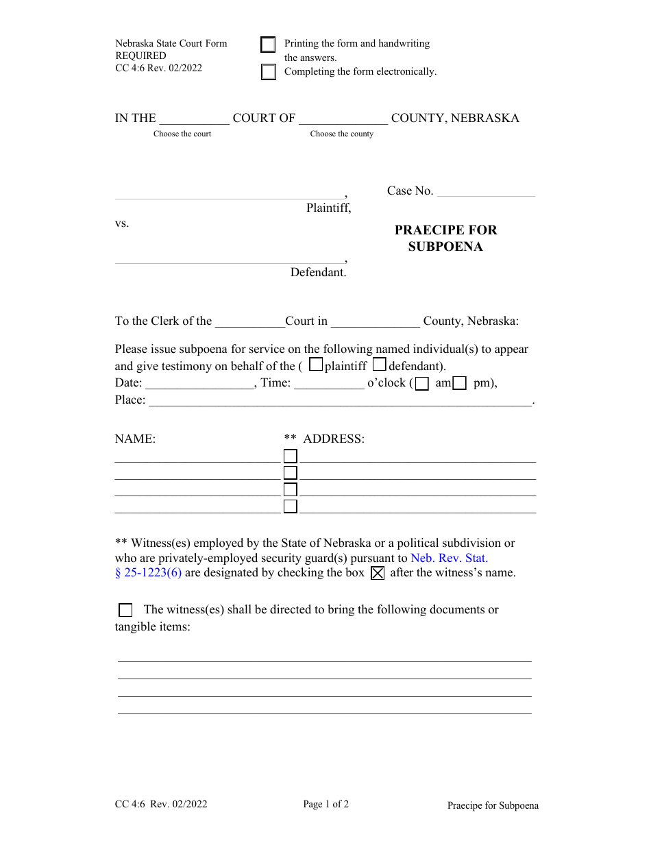 Form CC4:6 Download Fillable PDF or Fill Online Praecipe for Subpoena ...