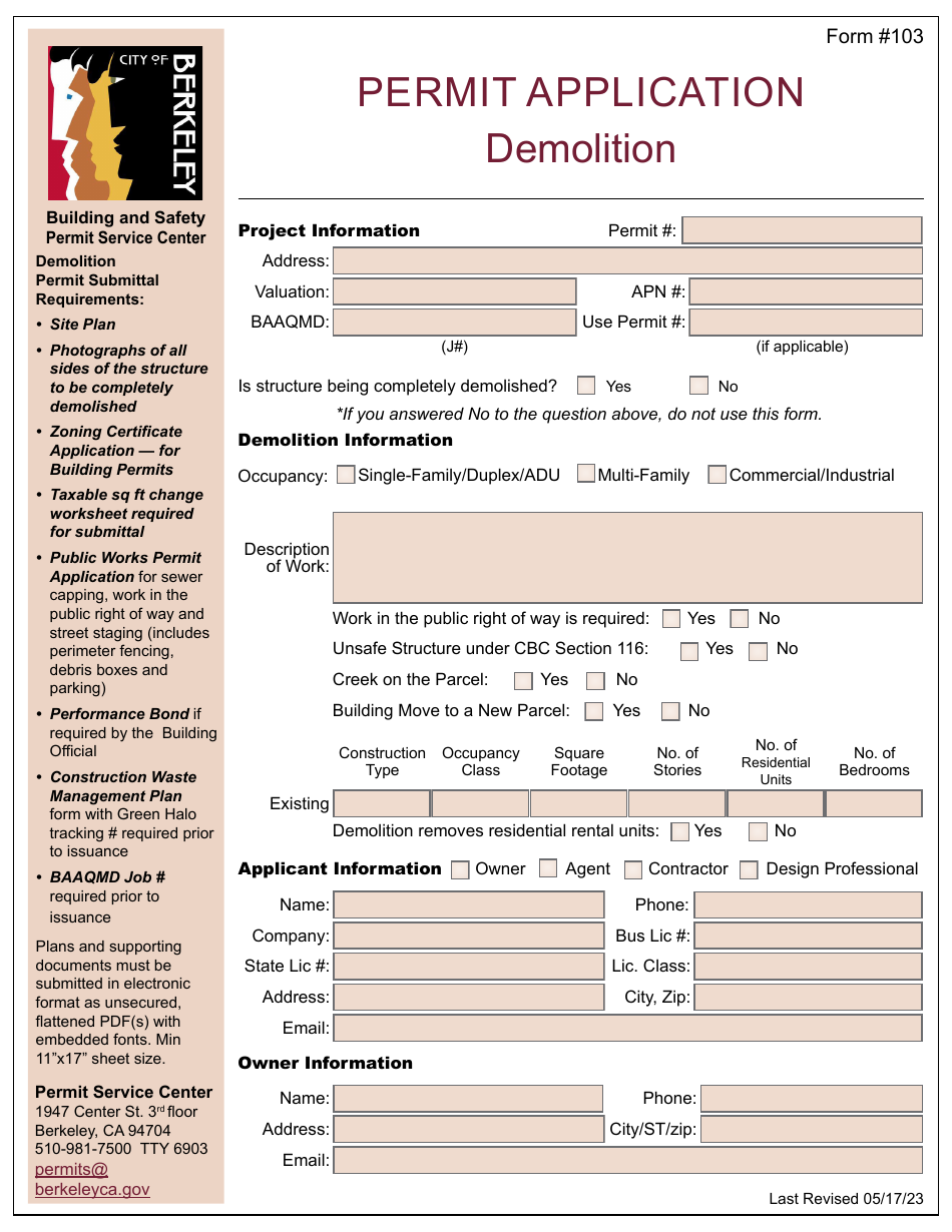 Form 103 Download Fillable PDF or Fill Online Permit Application - Demolition, City of Berkeley ...