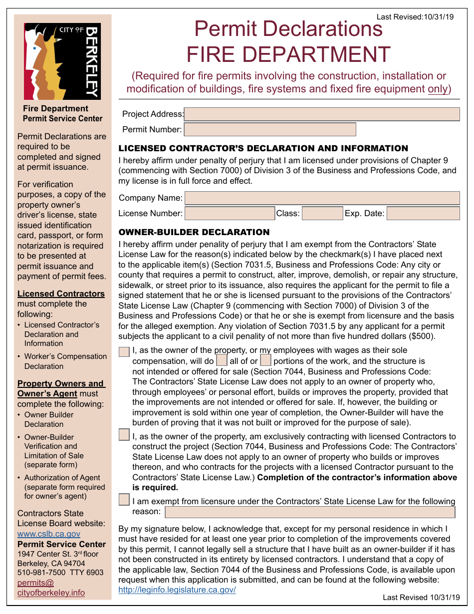 City of Berkeley, California Fire Permit Declarations Form - Fill Out ...