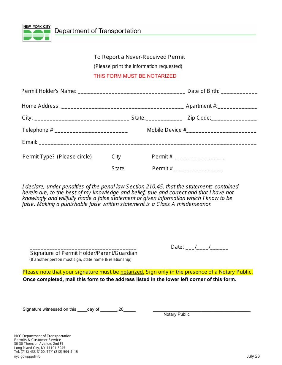 New York Form to Report a Never-Received Permit - Fill Out, Sign Online ...