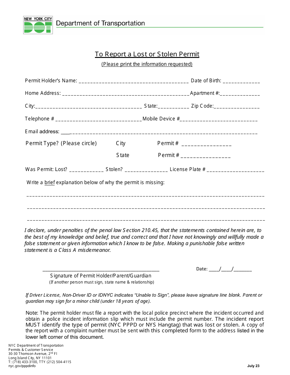 New York City Form to Report a Lost or Stolen Permit - Fill Out, Sign ...