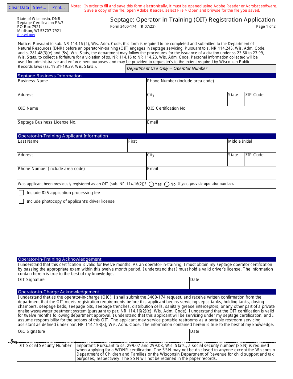 Form 3400-174 Download Fillable PDF or Fill Online Septage: Operator-In ...