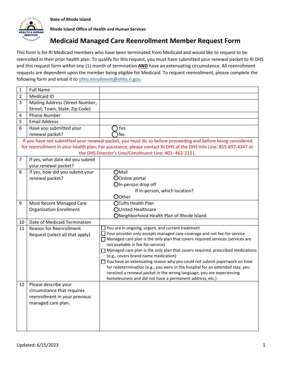 Rhode Island Medicaid Managed Care Reenrollment Member Request Form ...