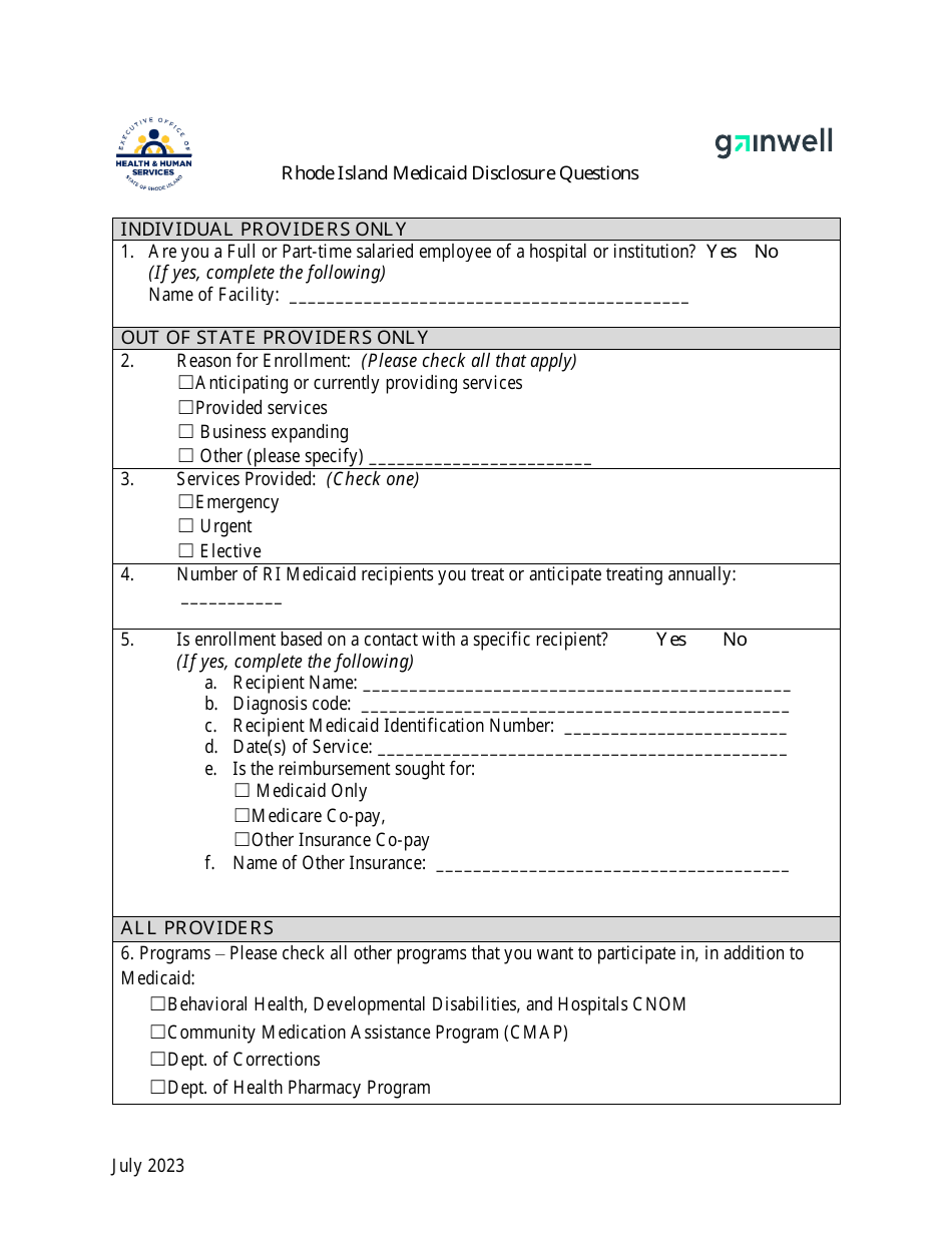 Rhode Island Medicaid Disclosure Questions Download Printable PDF 2021 ...