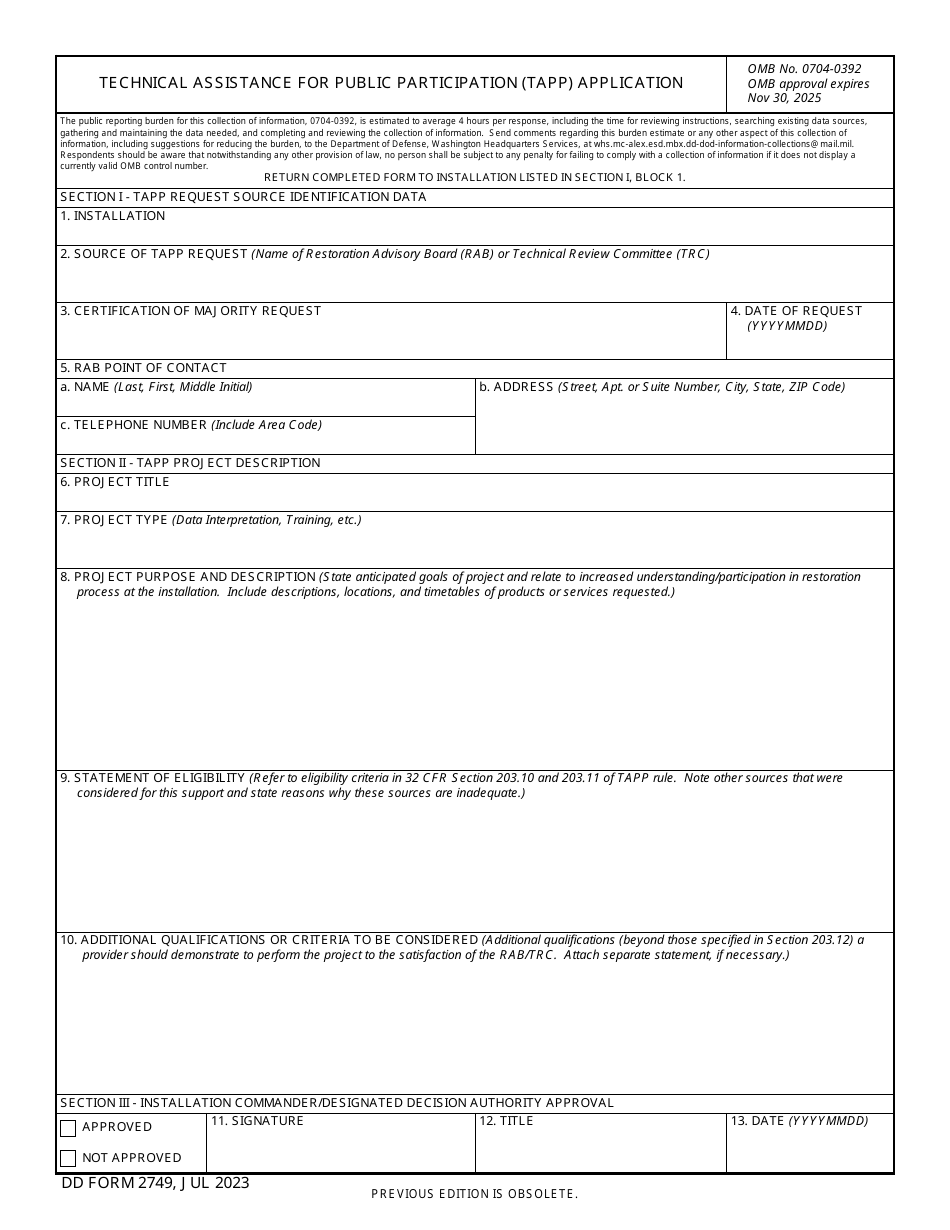 DD Form 2749 Download Fillable PDF or Fill Online Technical Assistance ...