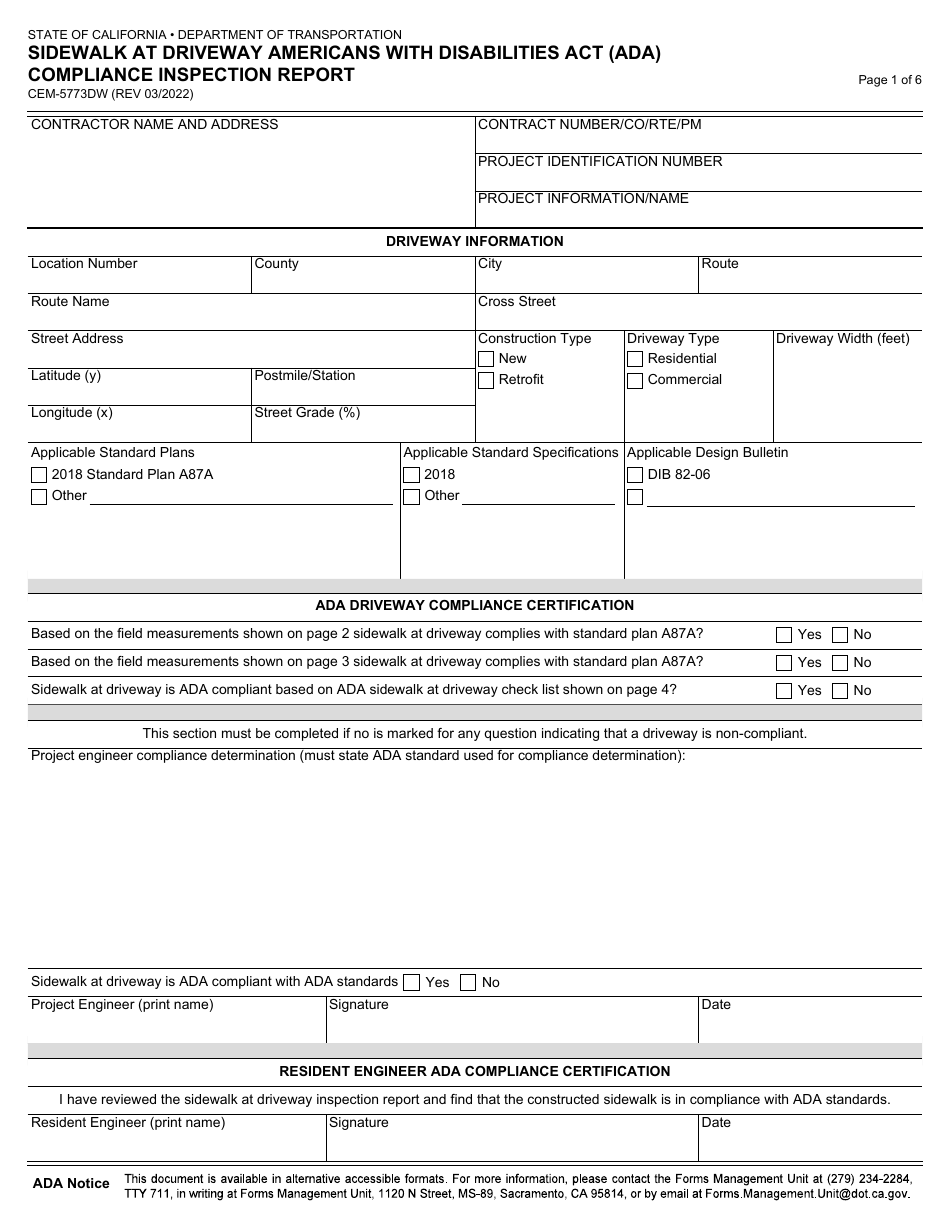 Form CEM-5773DW Download Fillable PDF or Fill Online Sidewalk at Driveway Americans With ...