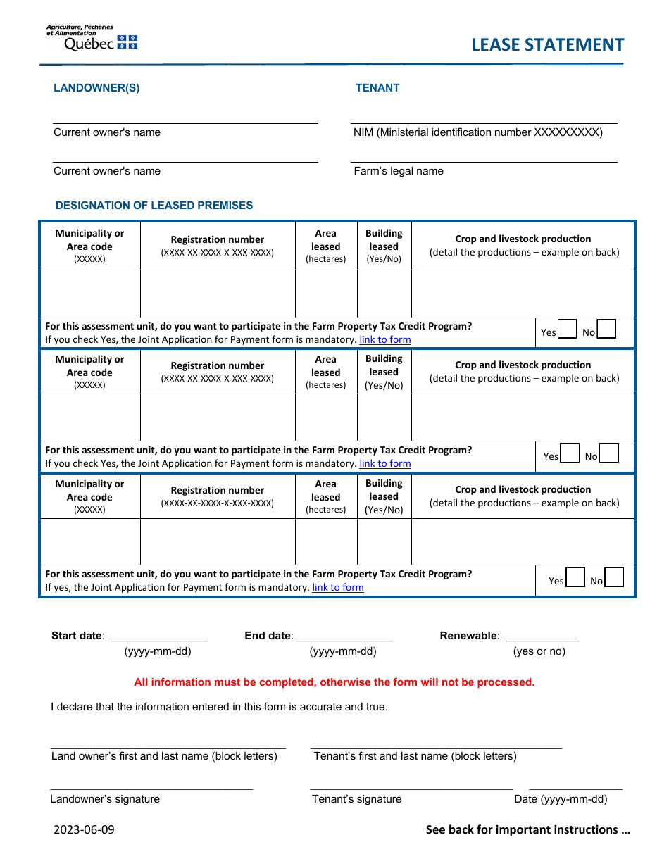 Quebec Canada Lease Statement - Fill Out, Sign Online and Download PDF ...