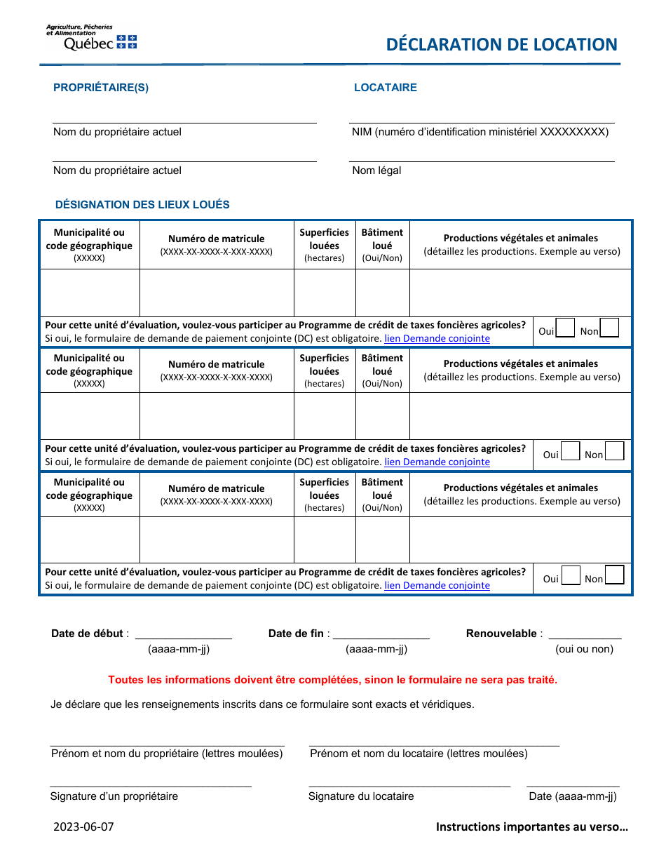 Quebec Canada Declaration De Location (French) - Fill Out, Sign Online ...