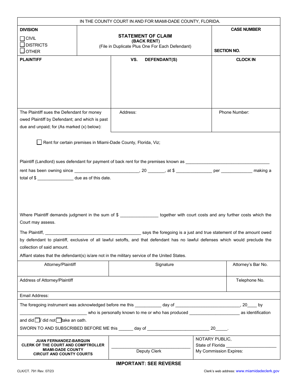 Form CLK/CT.791 Download Fillable PDF or Fill Online Statement of Claim (Back Rent), Miami-Dade ...