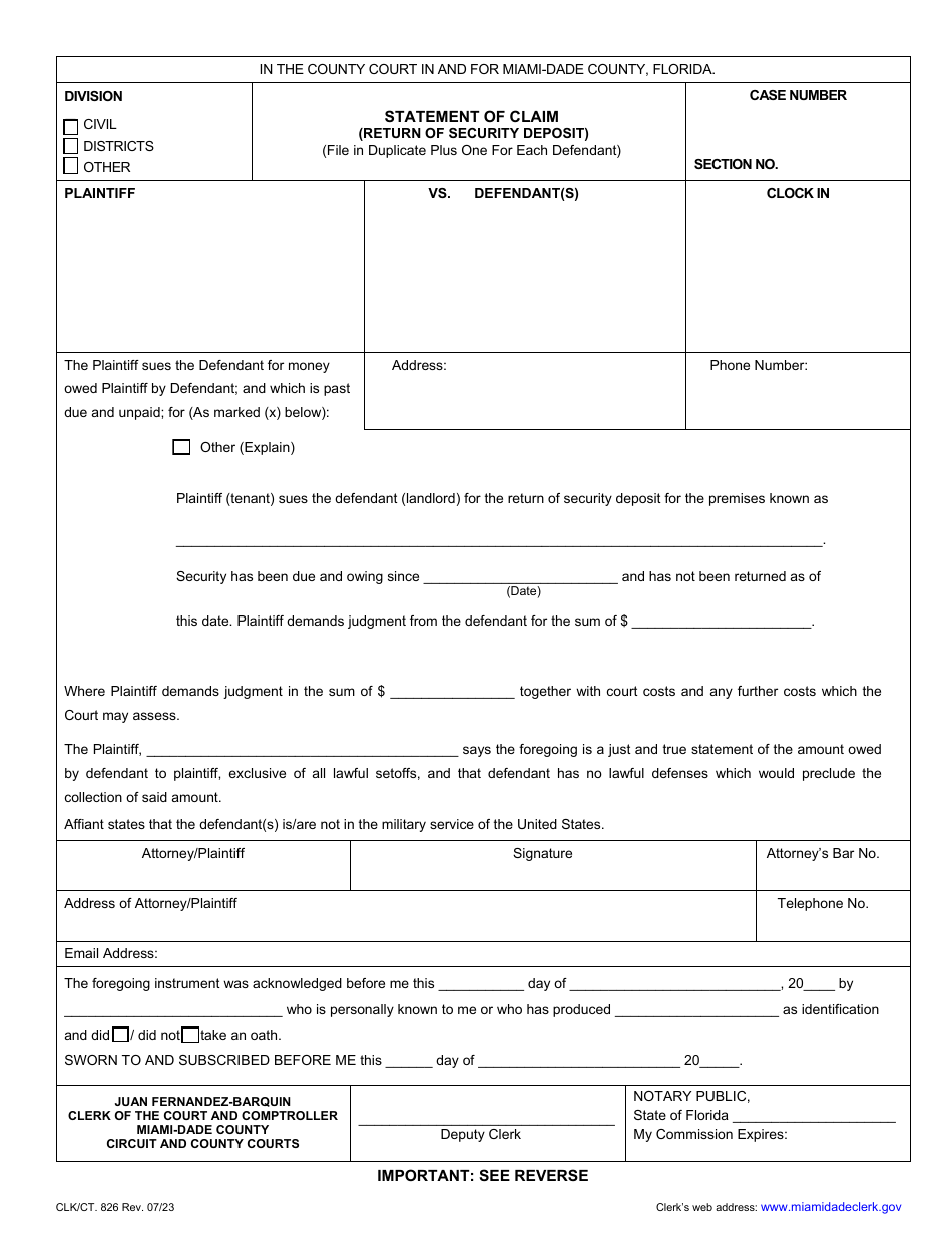 Form CLK/CT.826 Download Fillable PDF or Fill Online Statement of Claim ...