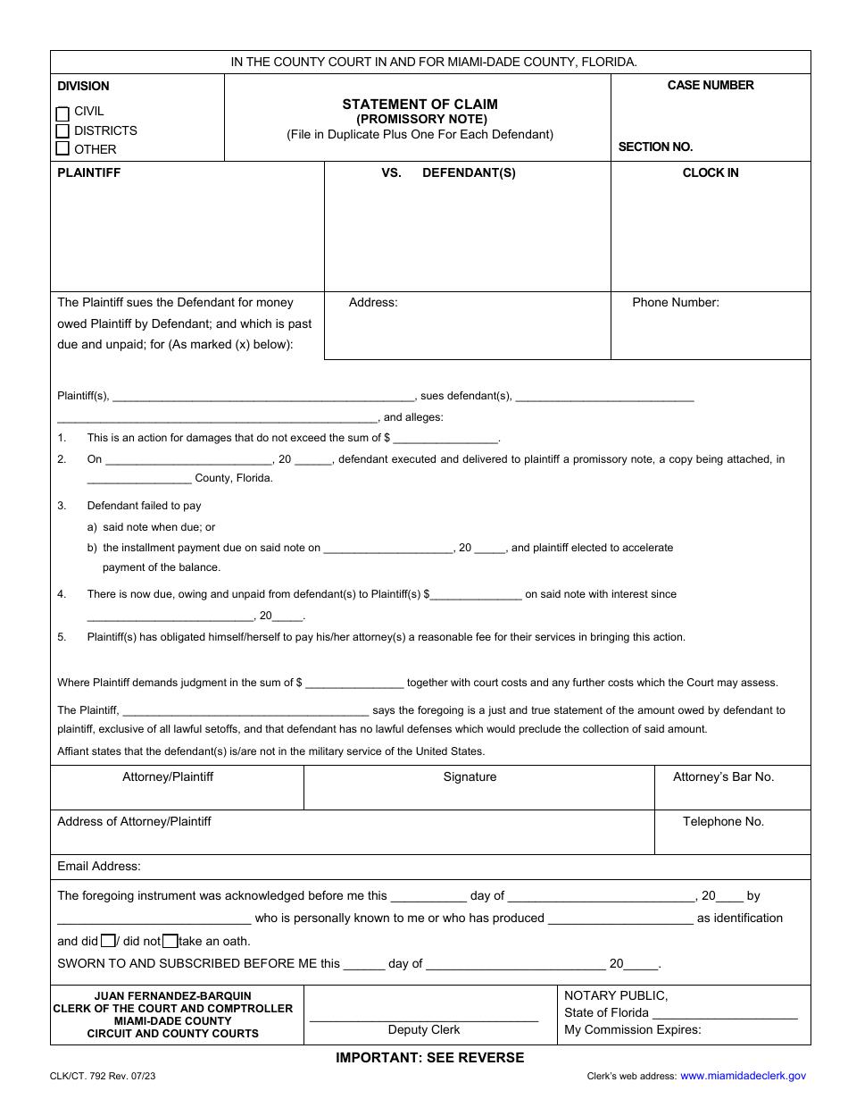 Form CLK/CT.792 Download Fillable PDF or Fill Online Statement of Claim ...