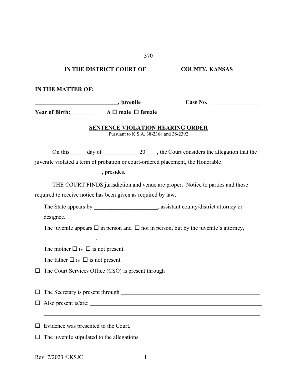 Form 370 - Fill Out, Sign Online and Download Fillable PDF, Kansas ...