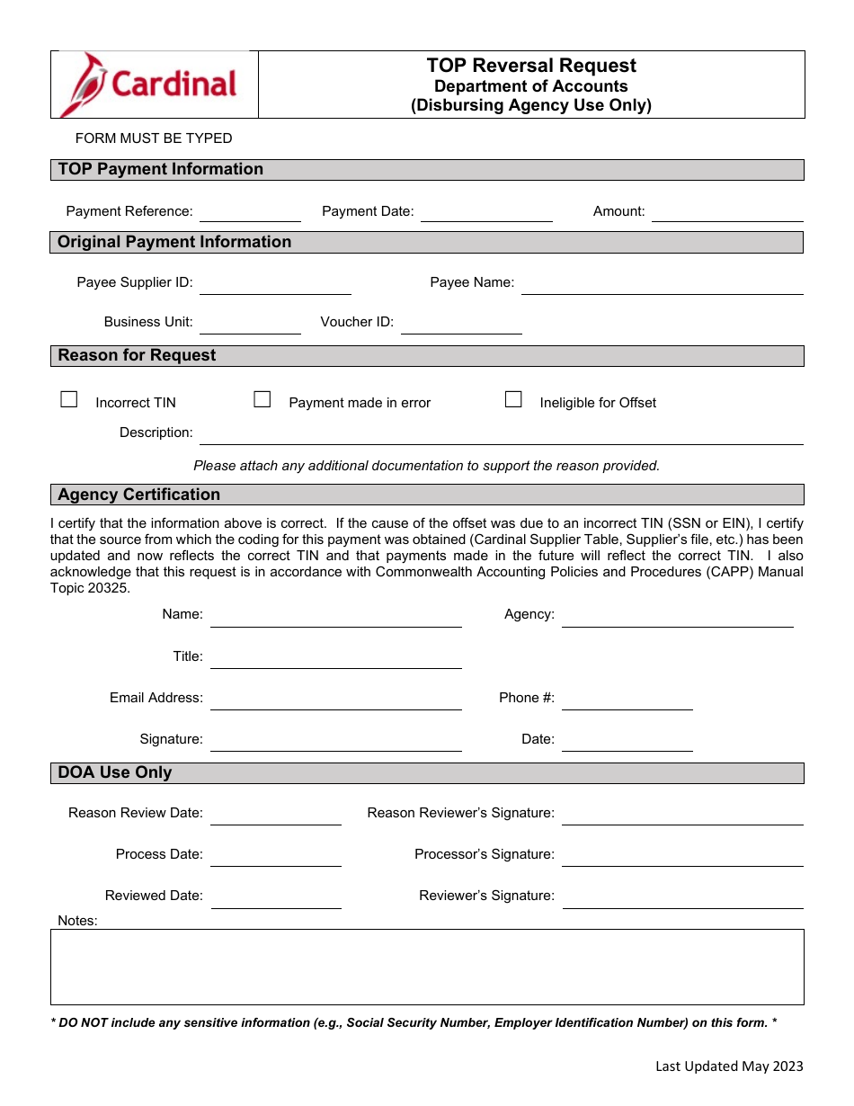 Virginia Top Reversal Request - Fill Out, Sign Online and Download PDF ...
