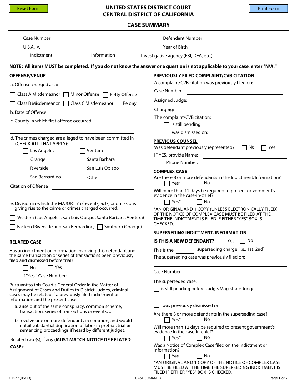 Form CR-72 Download Fillable PDF or Fill Online Case Summary ...